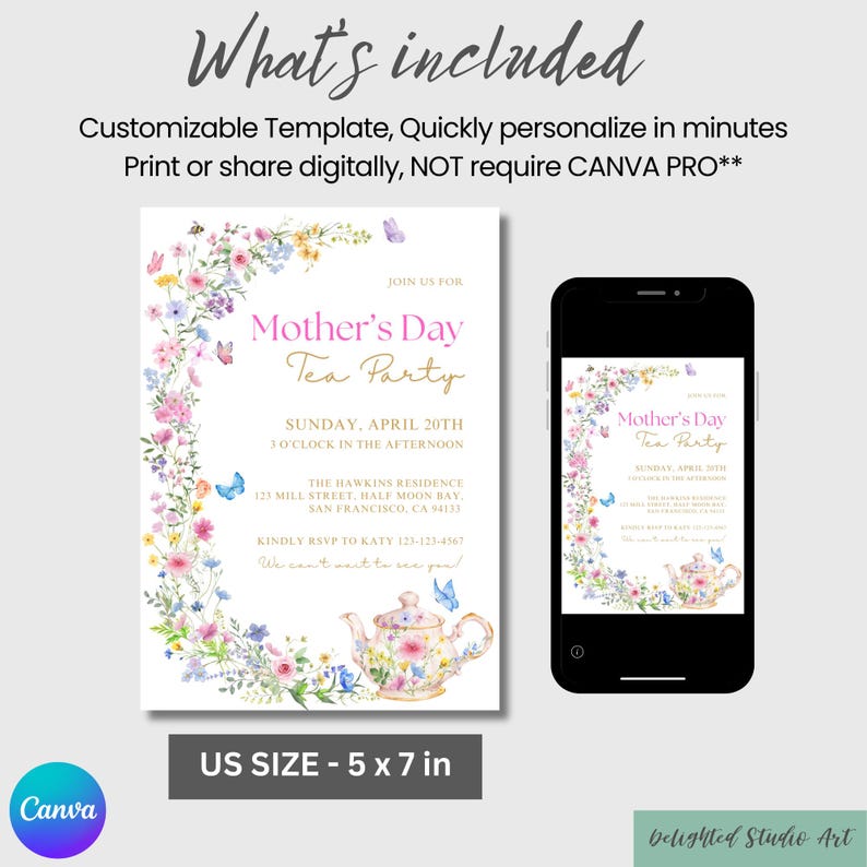 Editable Floral Mothers Day Tea Party Invite Template, Printable High ...