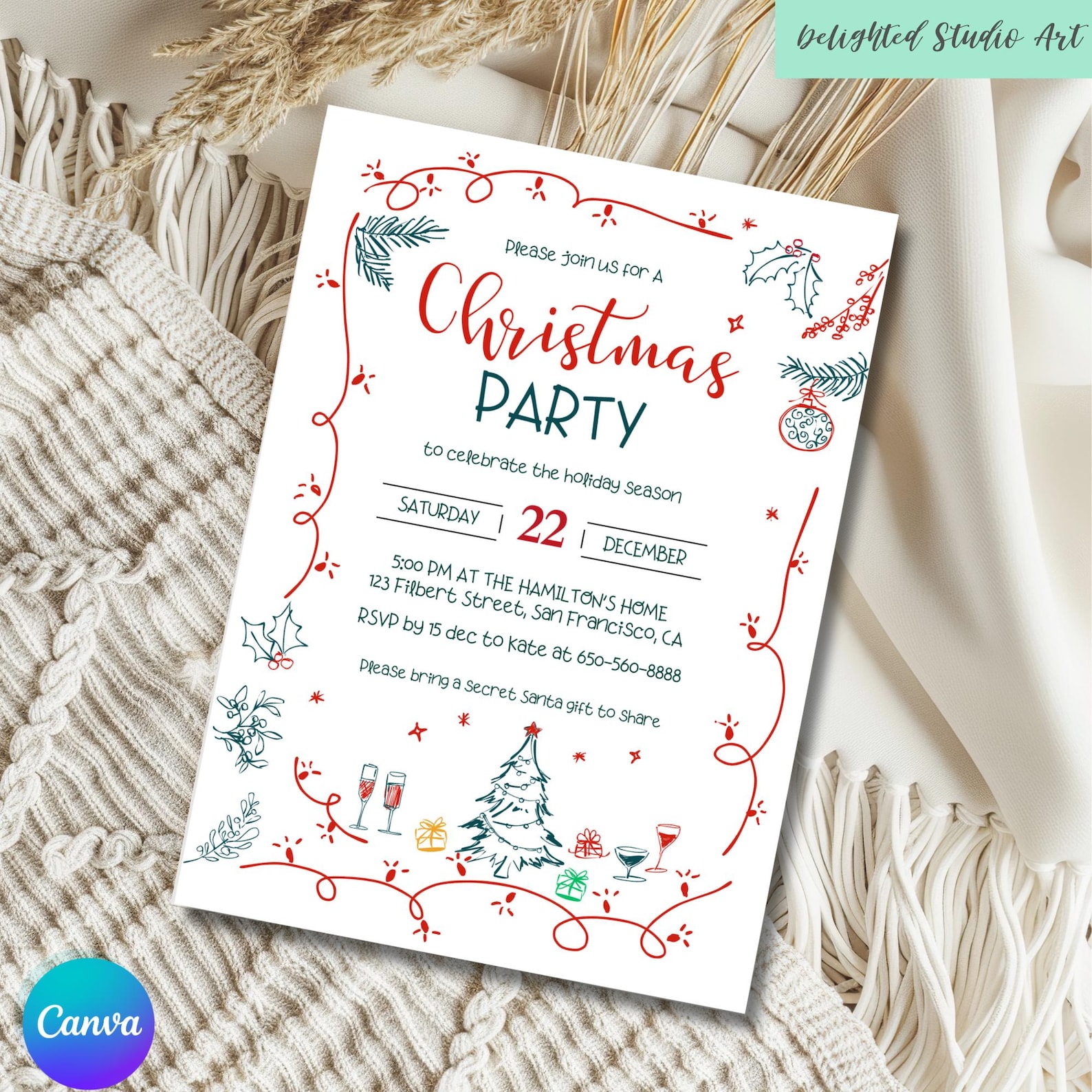 Whimsical Christmas Party Invitation: Hand-drawn Holiday Illustration ...