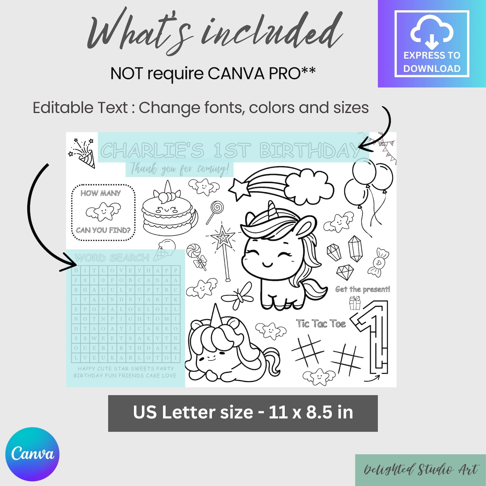 Unicorn Birthday Activity Sheet: Custom Coloring Page (printable) - Etsy