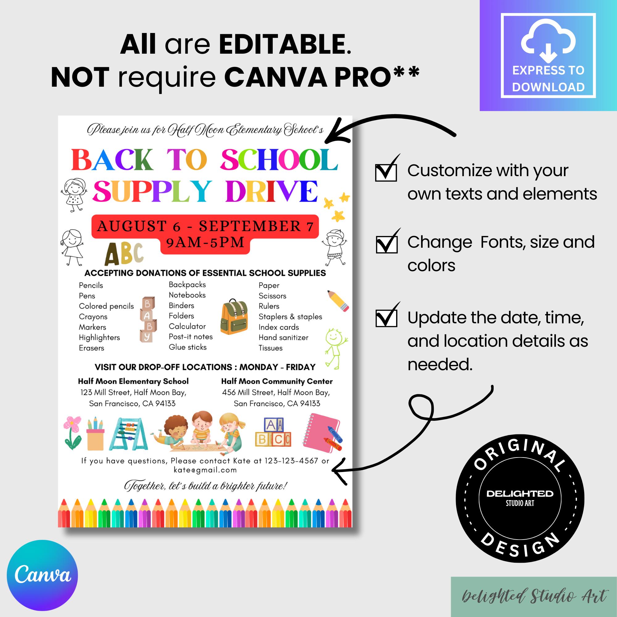 Back to School Supply Drive Flyer: Editable Template (digital) - Etsy