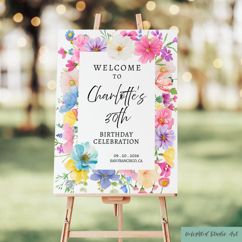 Pink Floral Birthday Party Welcome Sign Editable Template, Wildflower ...