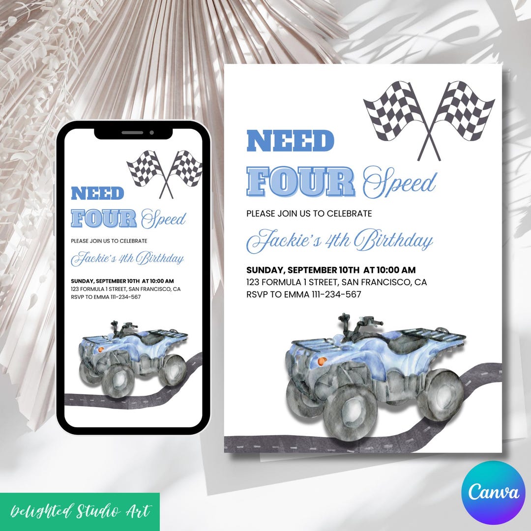 ATV Birthday Invitation: 4th Birthday Race Car Theme (digital Download ...