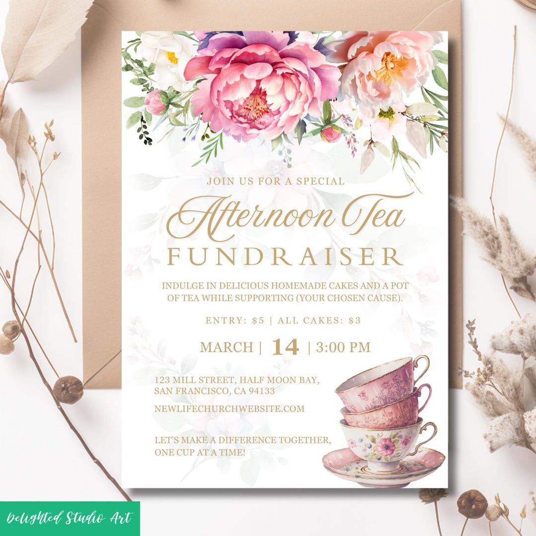 Afternoon Tea Fundraiser Invitation: Elegant Floral Design (editable ...