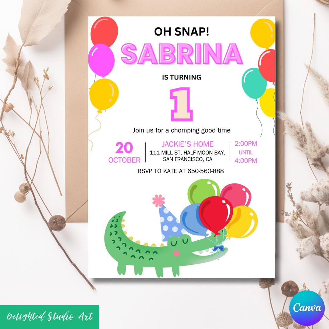 Crocodile 1st Birthday Invitation Template: Editable Alligator Party ...