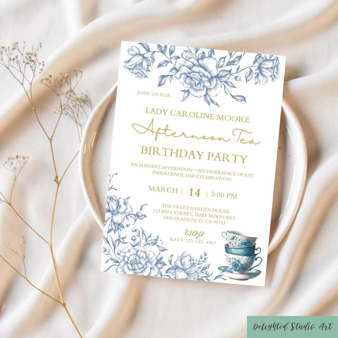 Blue Floral Afternoon Tea Birthday Invitation: Vintage Garden Party ...