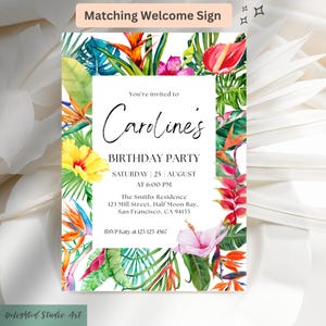 Tropical Floral Theme Birthday Party Welcome Sign: Editable Template ...
