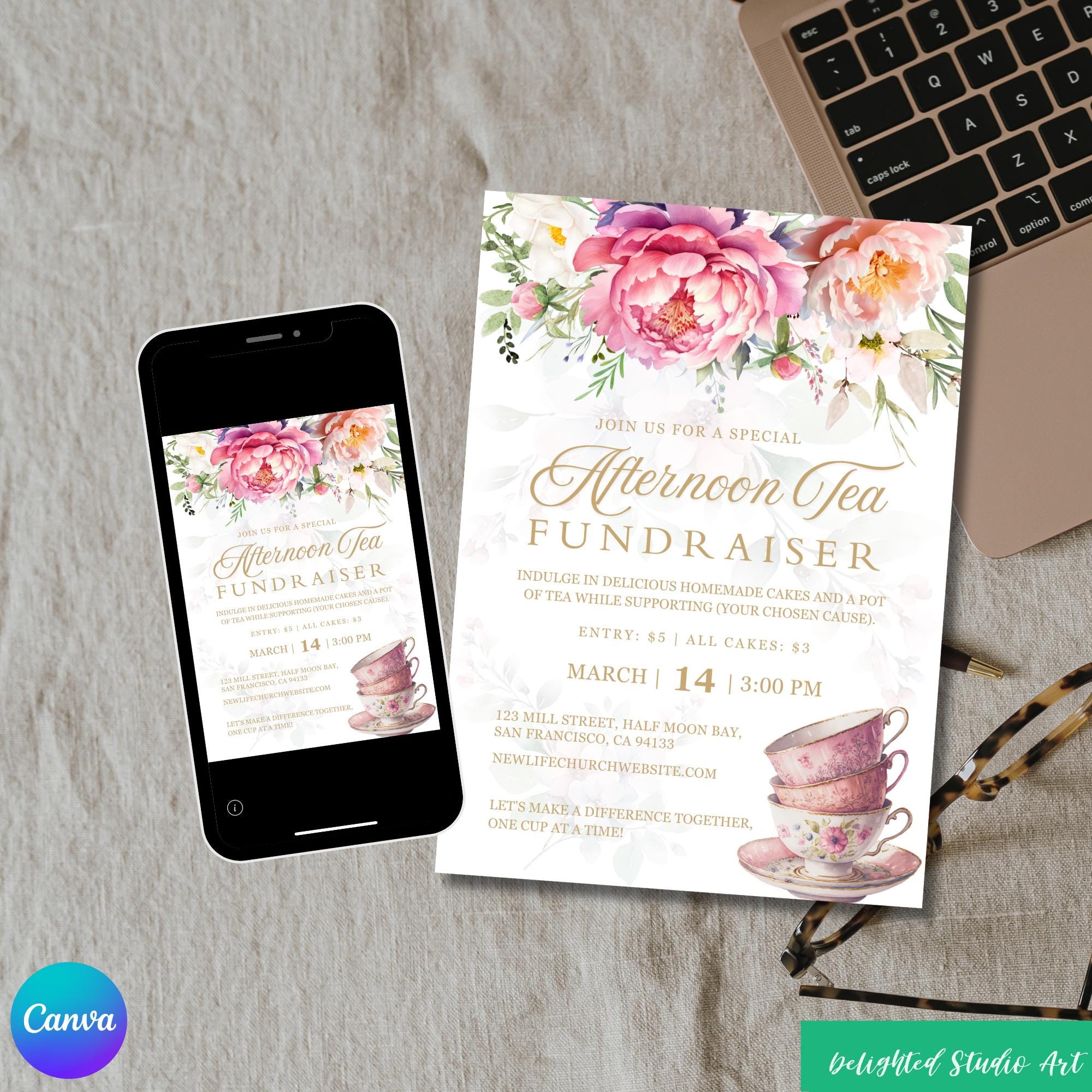 Afternoon Tea Fundraiser Invitation: Elegant Floral Design (editable ...