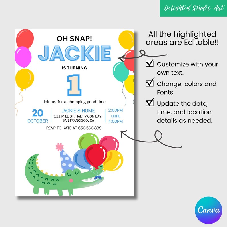 Crocodile 1st Birthday Invitation Template: Editable Alligator Party ...