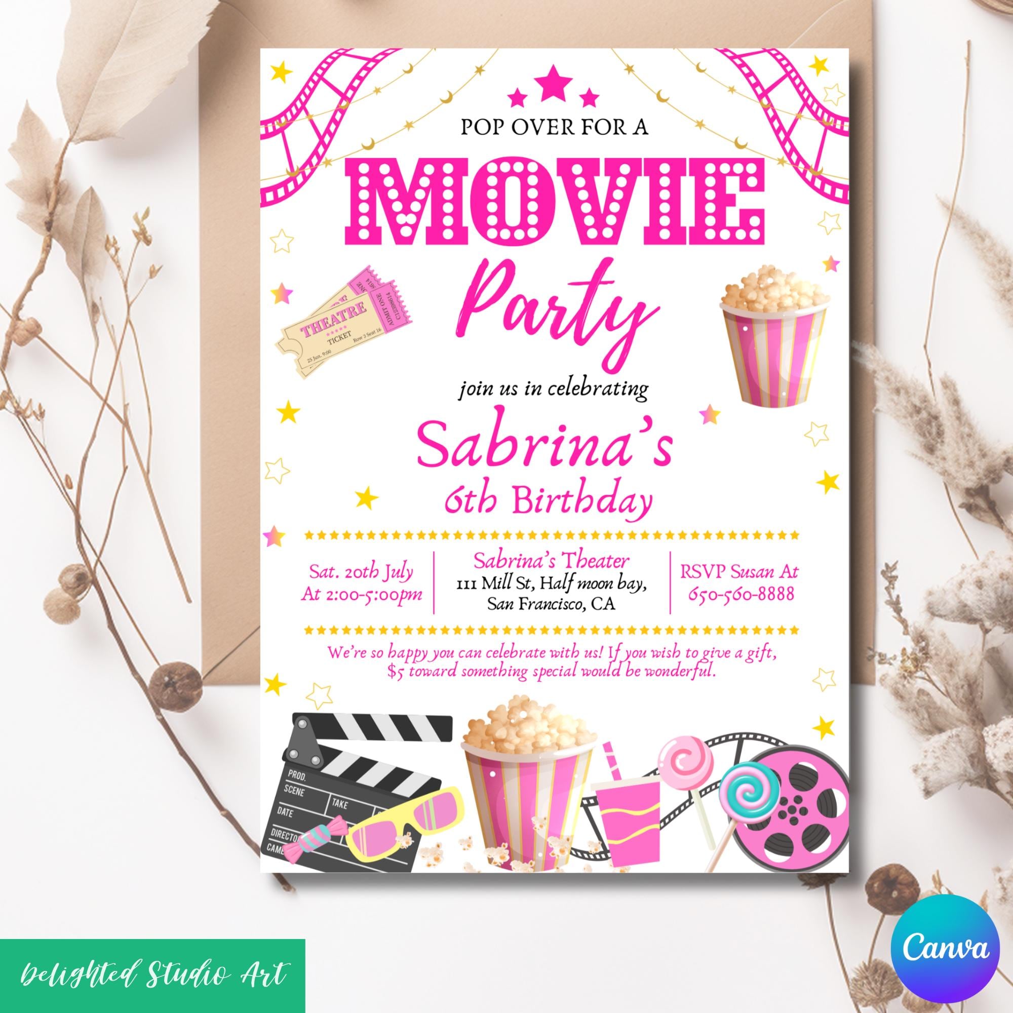 Movie Theater Birthday Invitation: Pink Cinema Party (CANVA Printable ...
