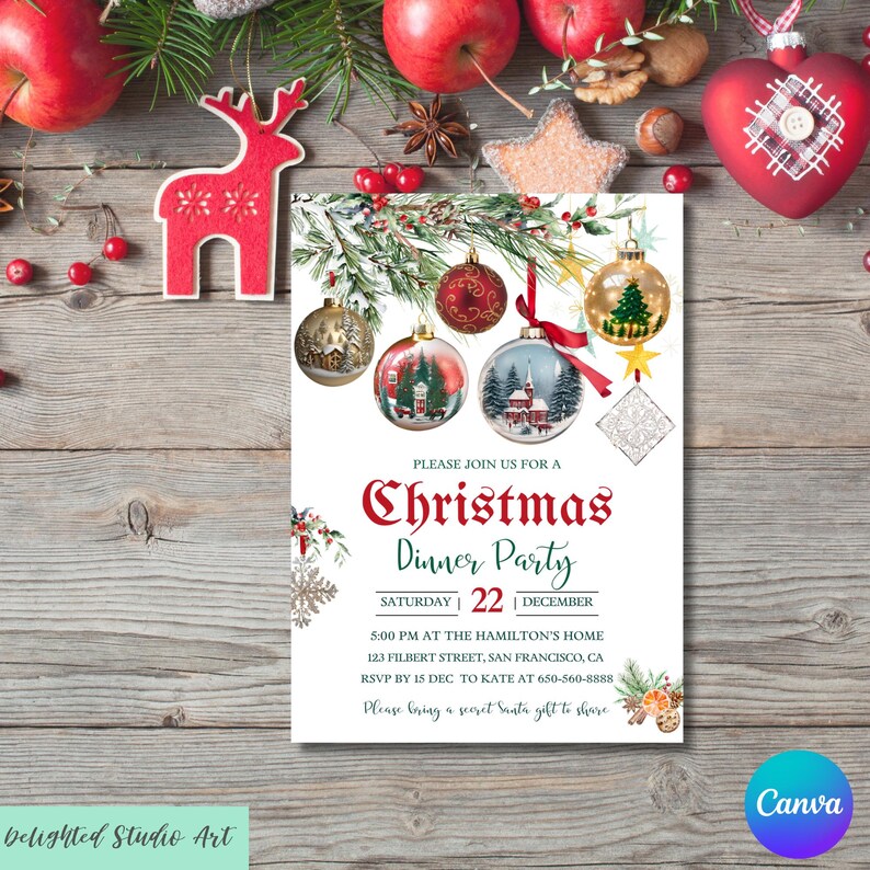 Printable Christmas Dinner Party Invitation: Editable Canva Template ...