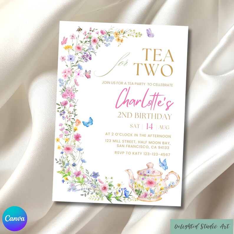Editable Wildflower Butterfly Tea Party 2nd Birthday Invitation ...