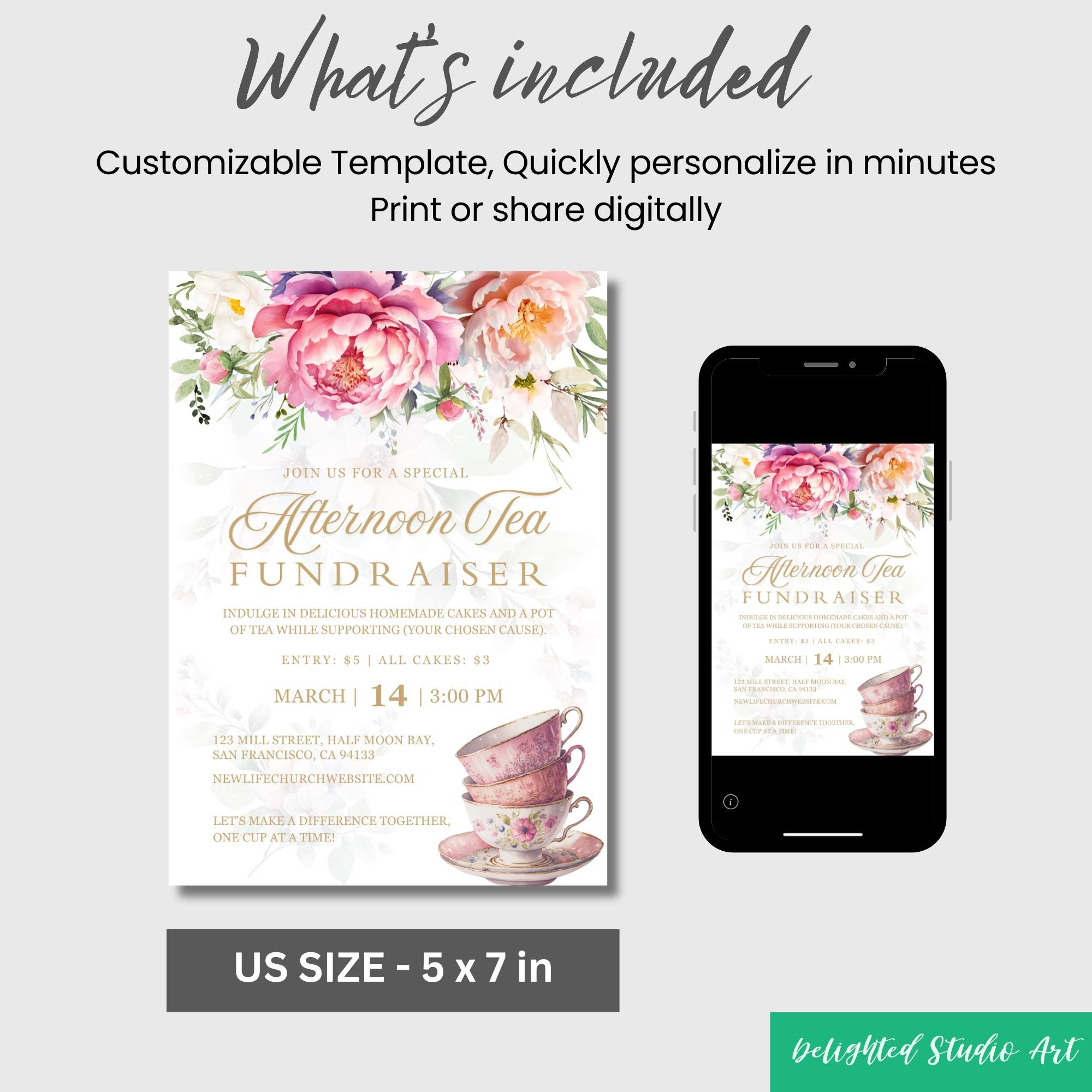 Afternoon Tea Fundraiser Invitation: Elegant Floral Design (editable ...