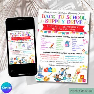 Back to School Supply Drive Flyer Digital Editable Template, School Pto ...