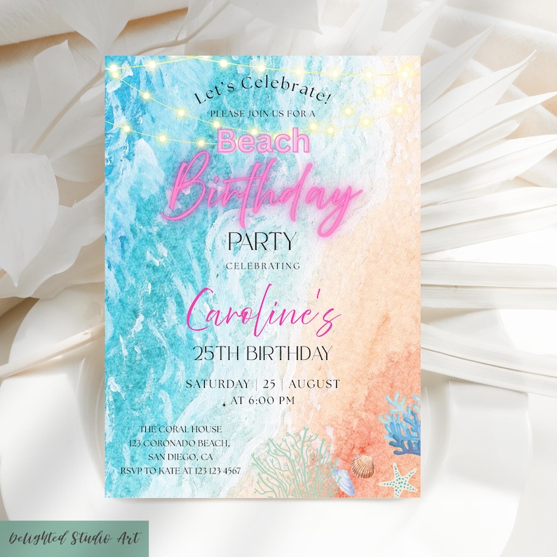 Beach Birthday Invitation: Editable Canva Template (digital Download ...