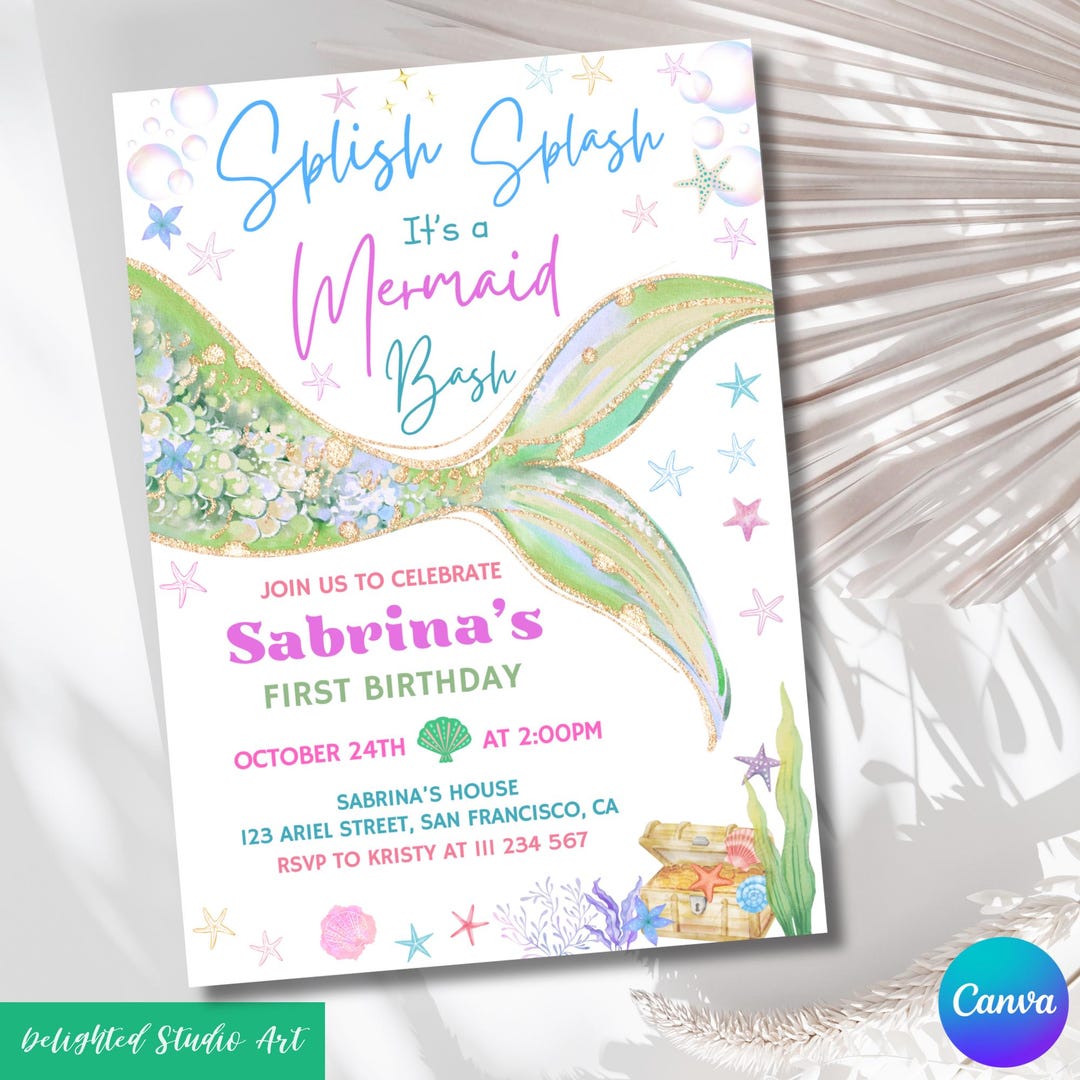 Editable Little Mermaid Birthday Invitation Template, Mermaid Bash ...