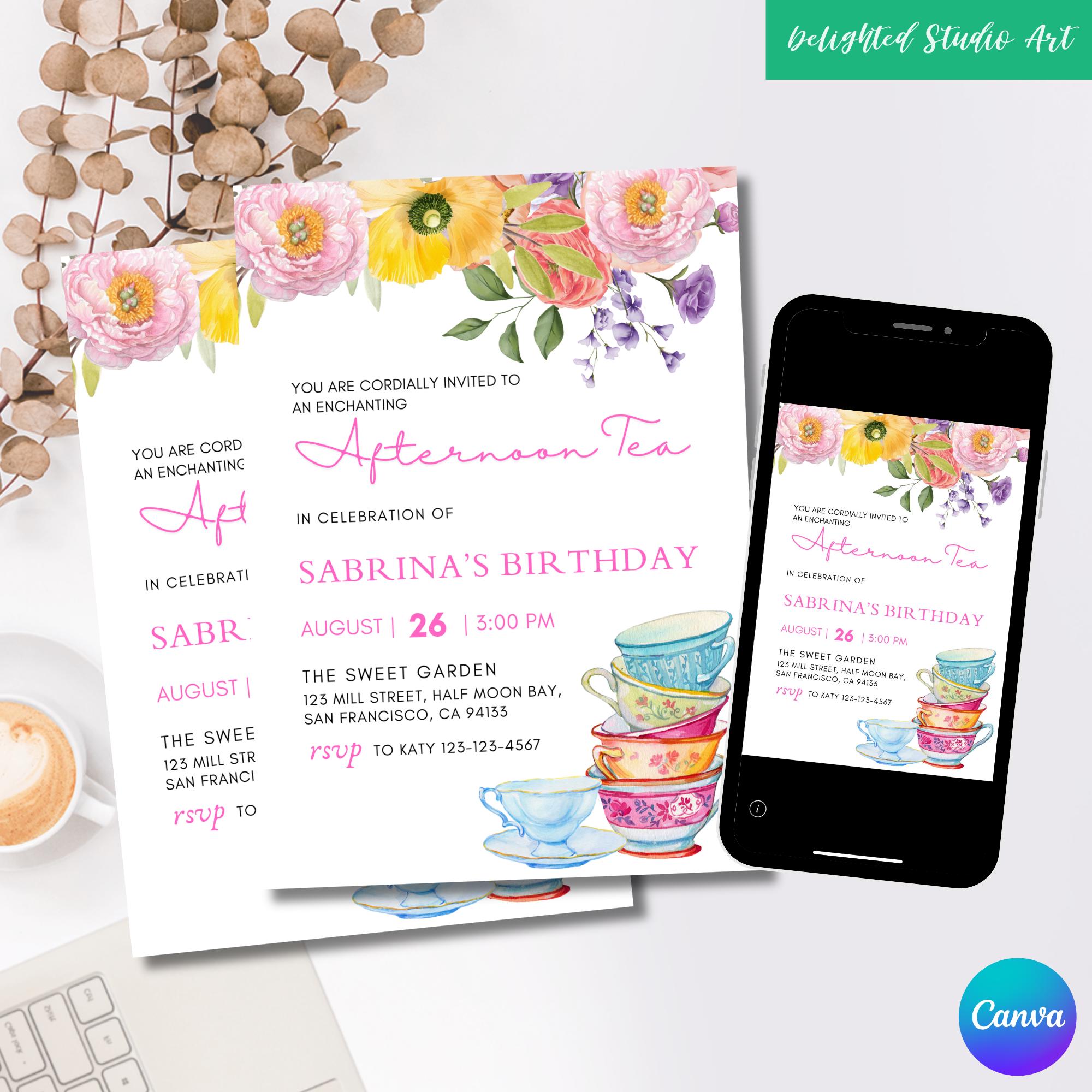 Floral Afternoon Tea Birthday Invitation: Editable Canva Template ...