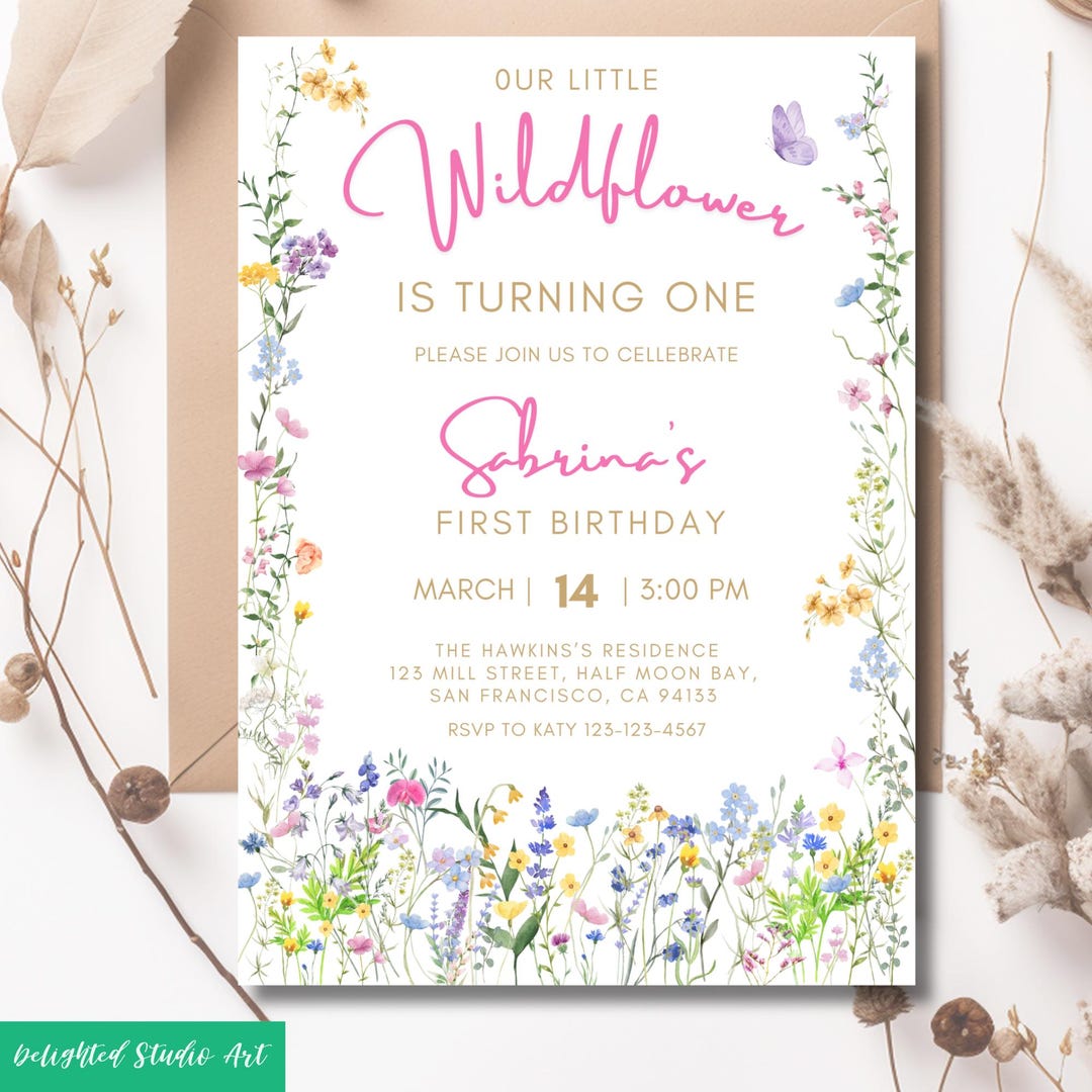 Editable Little Wildflower 1st Birthday Invitation Template, Floral 1st ...