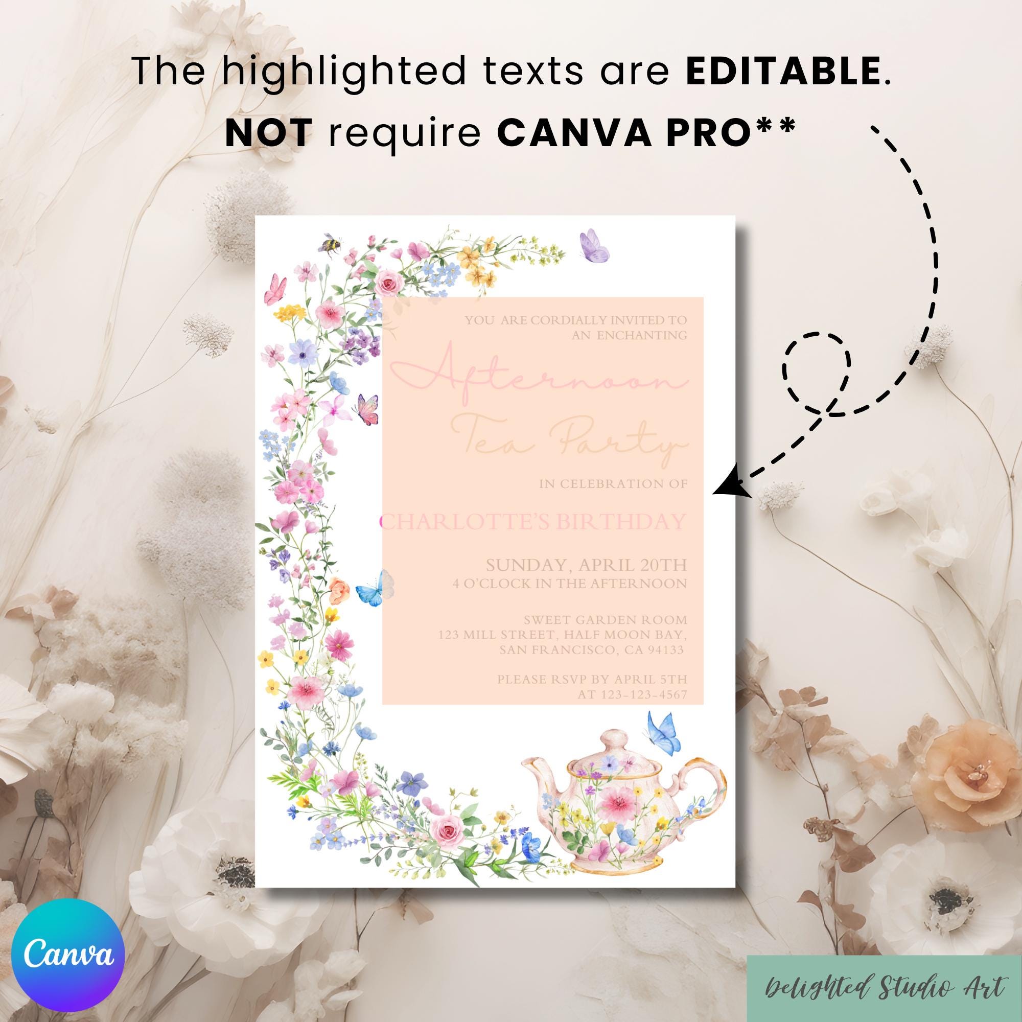 Editable Afternoon Tea Wildflower Birthday Party Digital Invitation ...