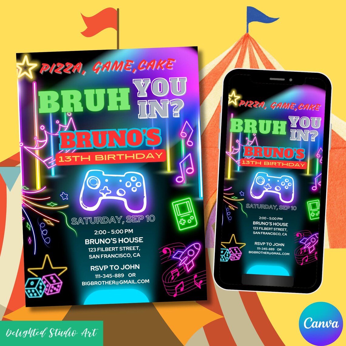 Neon Graffiti Birthday Invitation: Editable Canva Template (printable ...