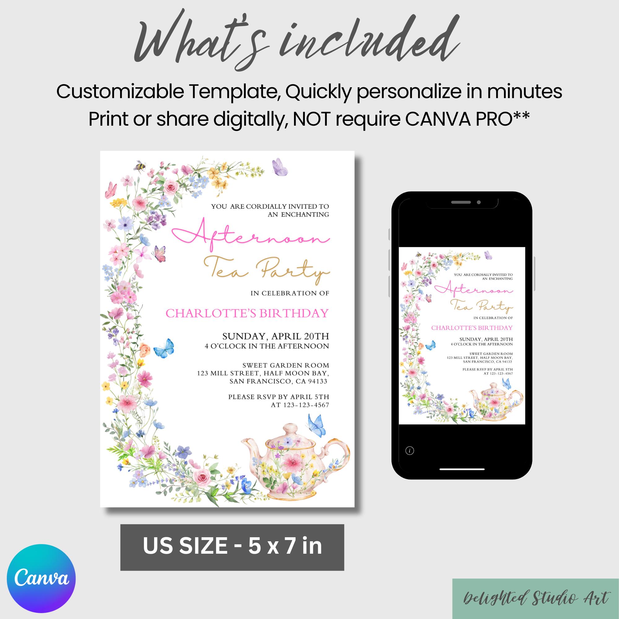 Editable Afternoon Tea Wildflower Birthday Party Digital Invitation ...
