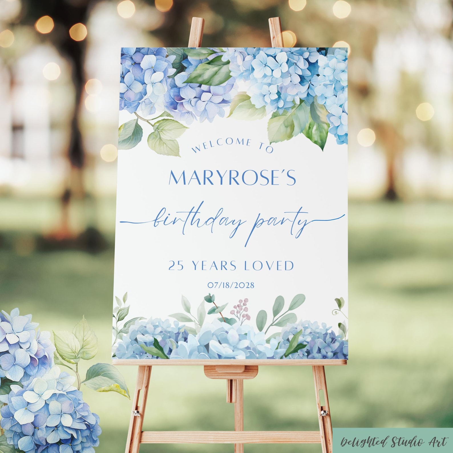 Dusty Blue Hydrangea Birthday Welcome Sign: Editable Floral Template ...