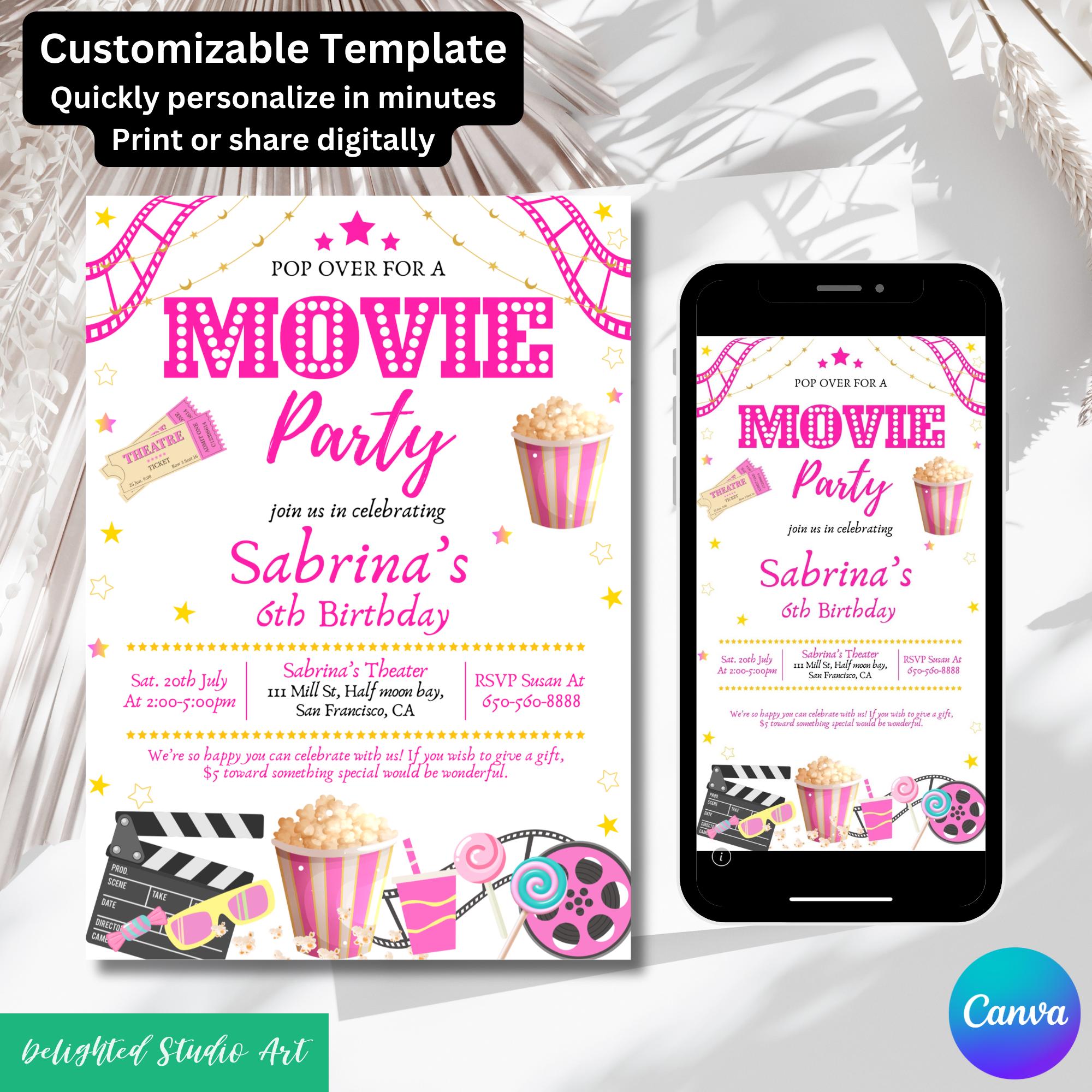 Movie Theater Birthday Invitation: Pink Cinema Party (CANVA Printable ...