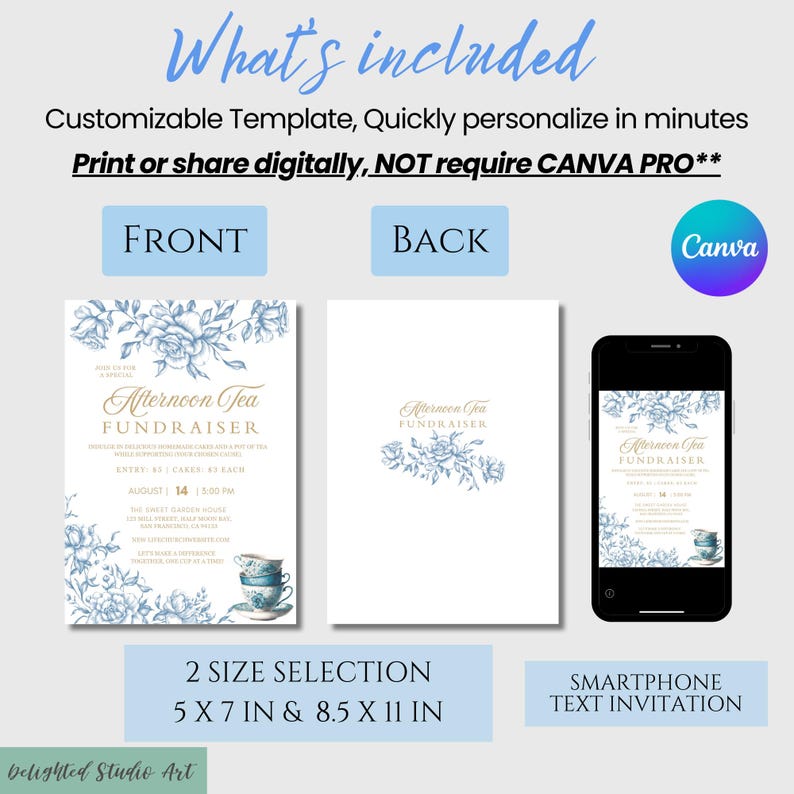 Blue Flowers Tea Party Fundraiser Invitation Template (digital Download ...