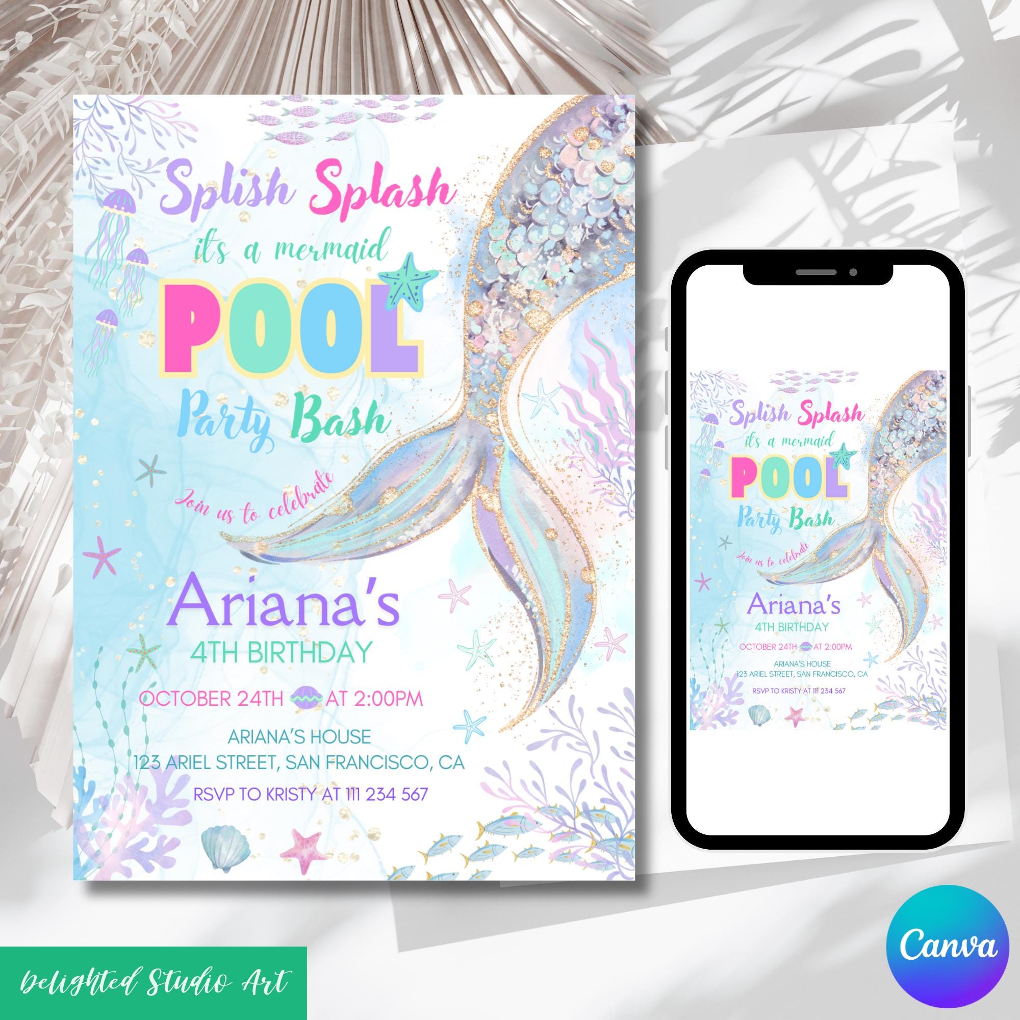 Editable Mermaid Birthday Invitation Template: Under the Sea Canva ...