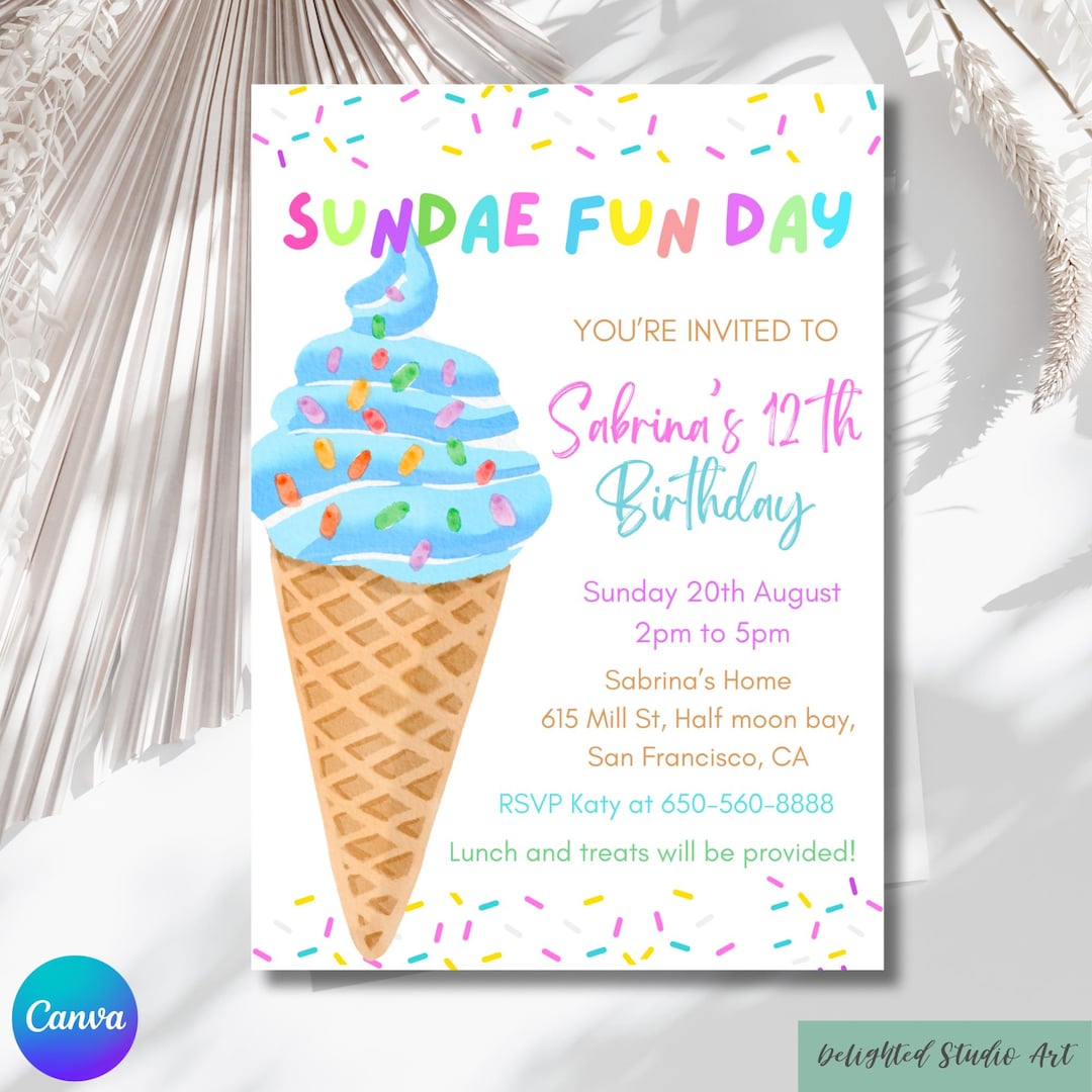 Editable Sundae Fun Day Ice Cream Social Birthday Party Invitation ...