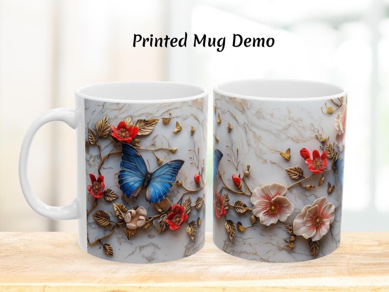 Butterfly Mug Design PNG: Gold Leaf Floral 3D Art (digital Download ...