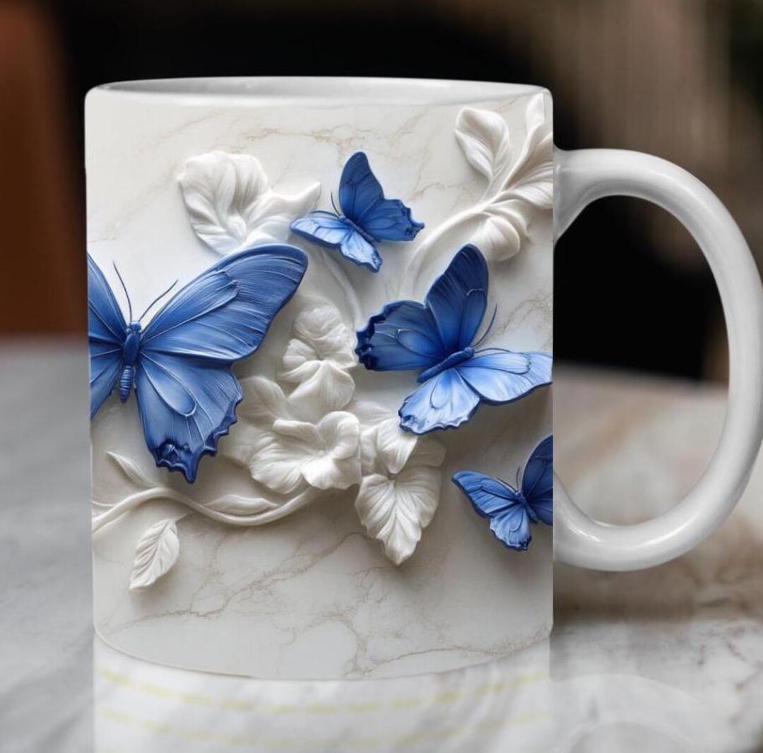 Blue Butterfly 3D Mug Sublimation, 3D Butterfly Cup Design, Blue ...