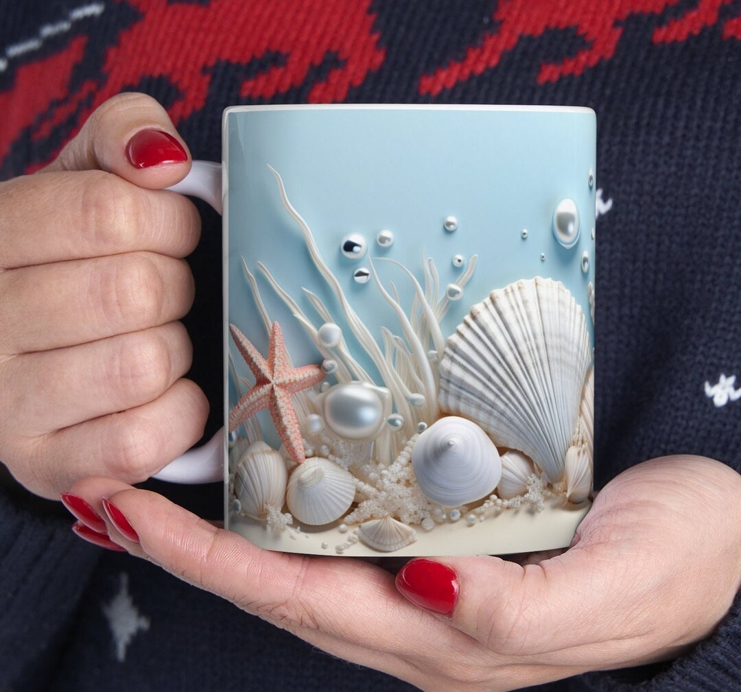 3D Pearl Mug Sublimation, 3D Ocean Life Mug Wrap, Pearl Mug Design, 3D ...