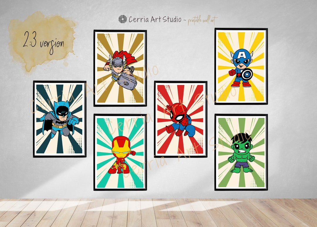 Superhero Wall Art Set of 6 Boys Room Decor Playroom Nursery Poster ...