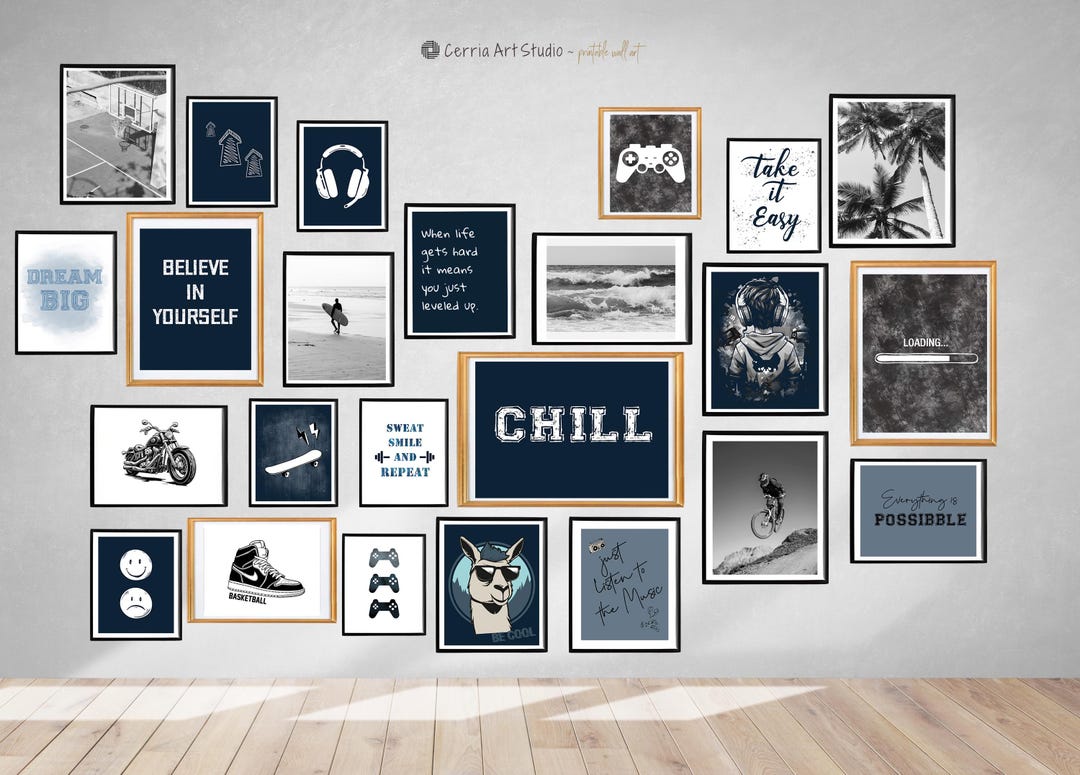 24 Navy Blue Teen Boy Dorm Room Poster Set, Printable Wall Art, Cool ...