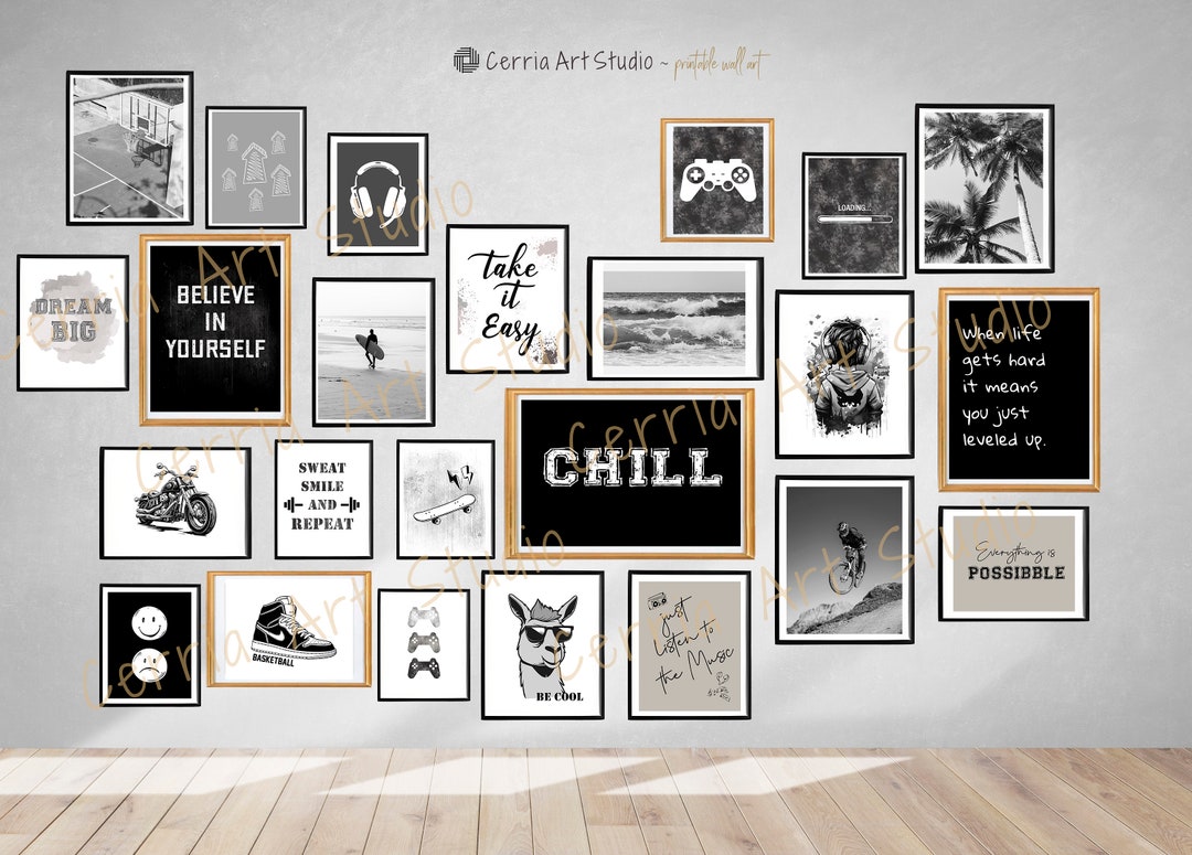 24 Black & White Teen Boy Dorm Room Poster Set, Printable Wall Art ...