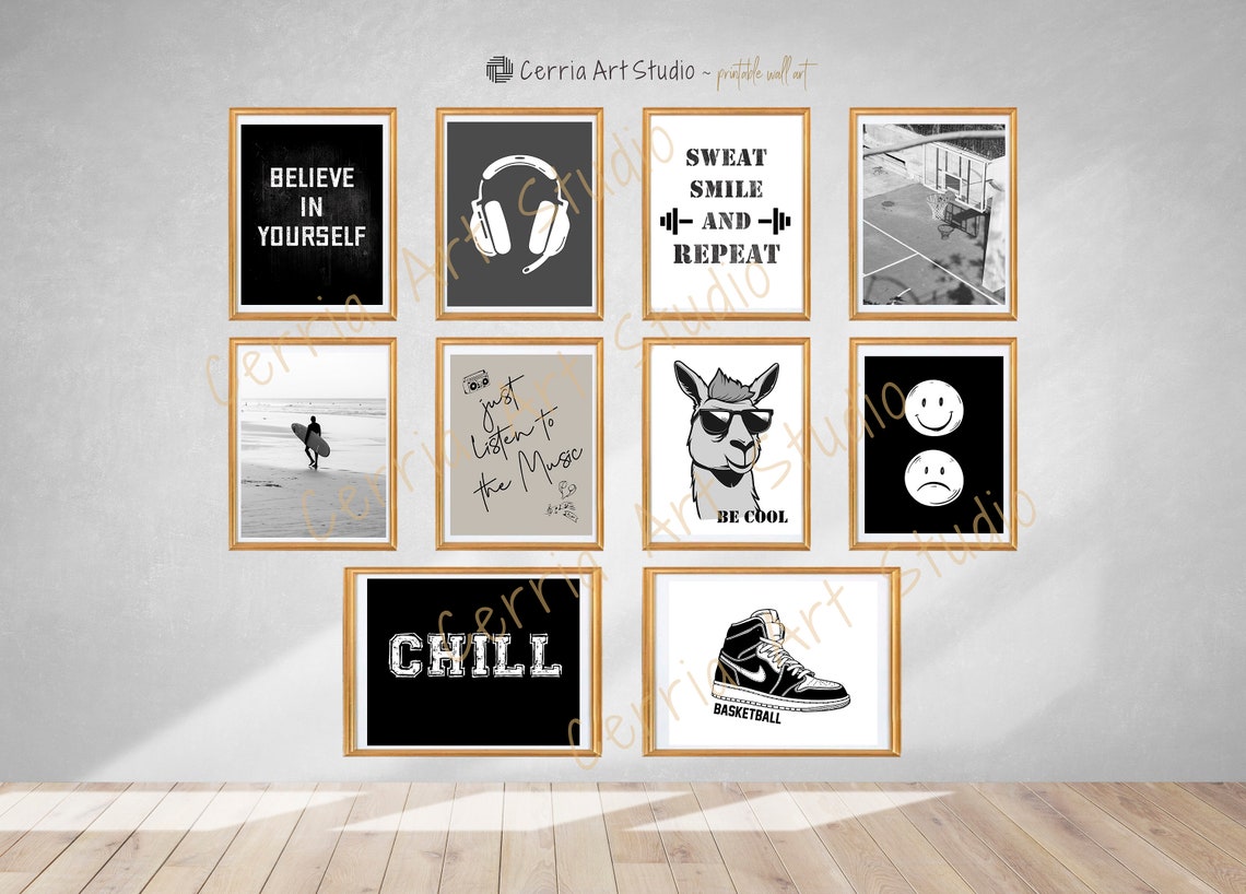 24 Black & White Teen Boy Dorm Room Poster Set, Printable Wall Art ...
