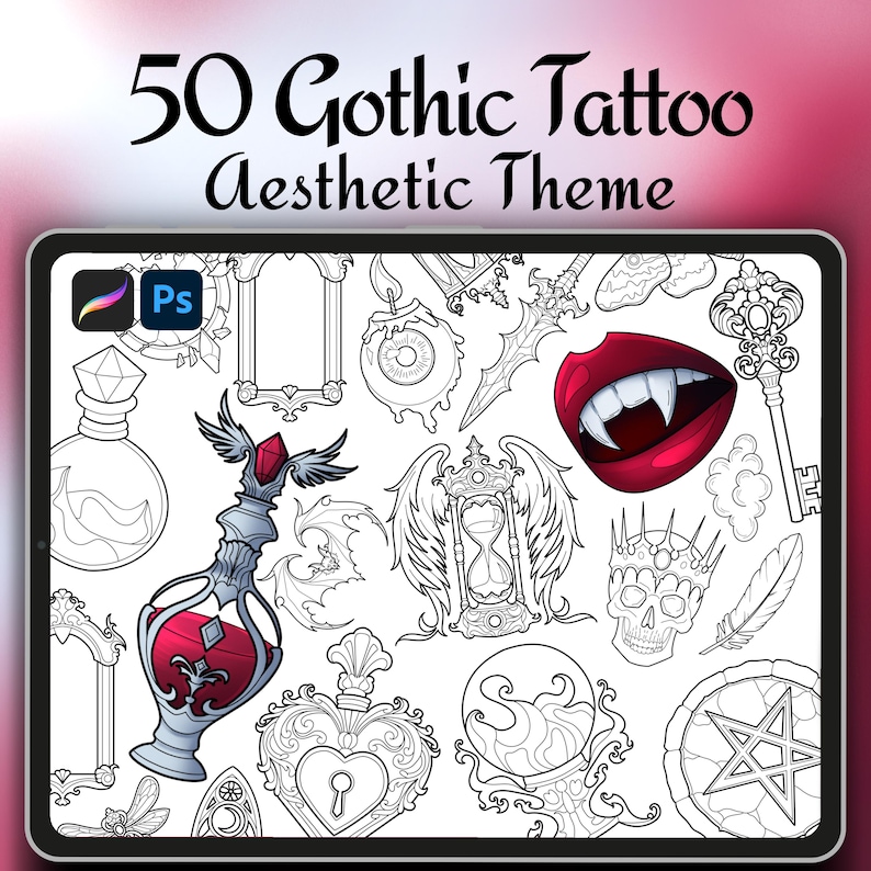 Gothic Tattoo Stamps: Procreate & Photoshop Brush Set. Traditional Ink ...