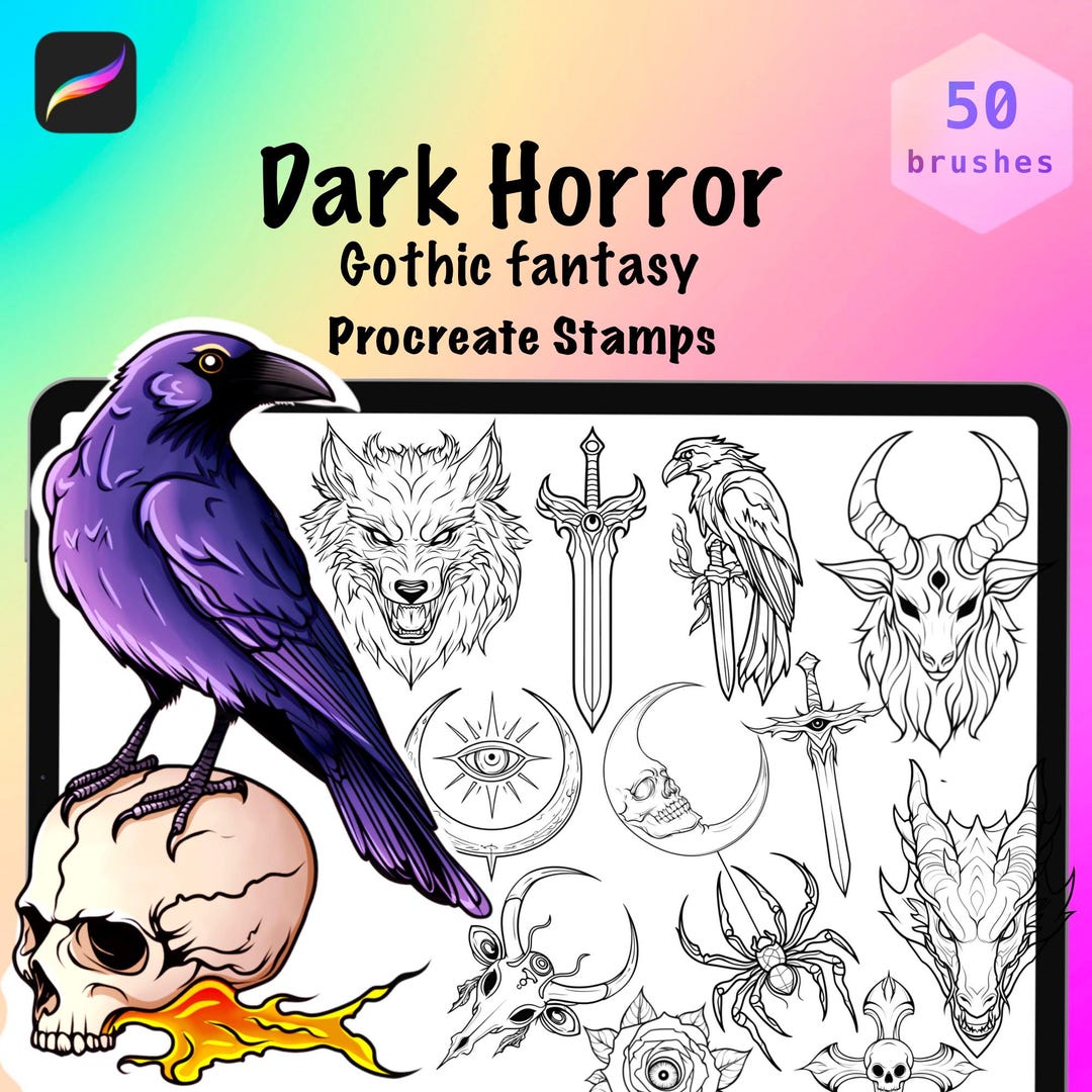 50 Gothic Flash Tattoo Procreate Stamp Brushes, Neo Traditional Fine ...