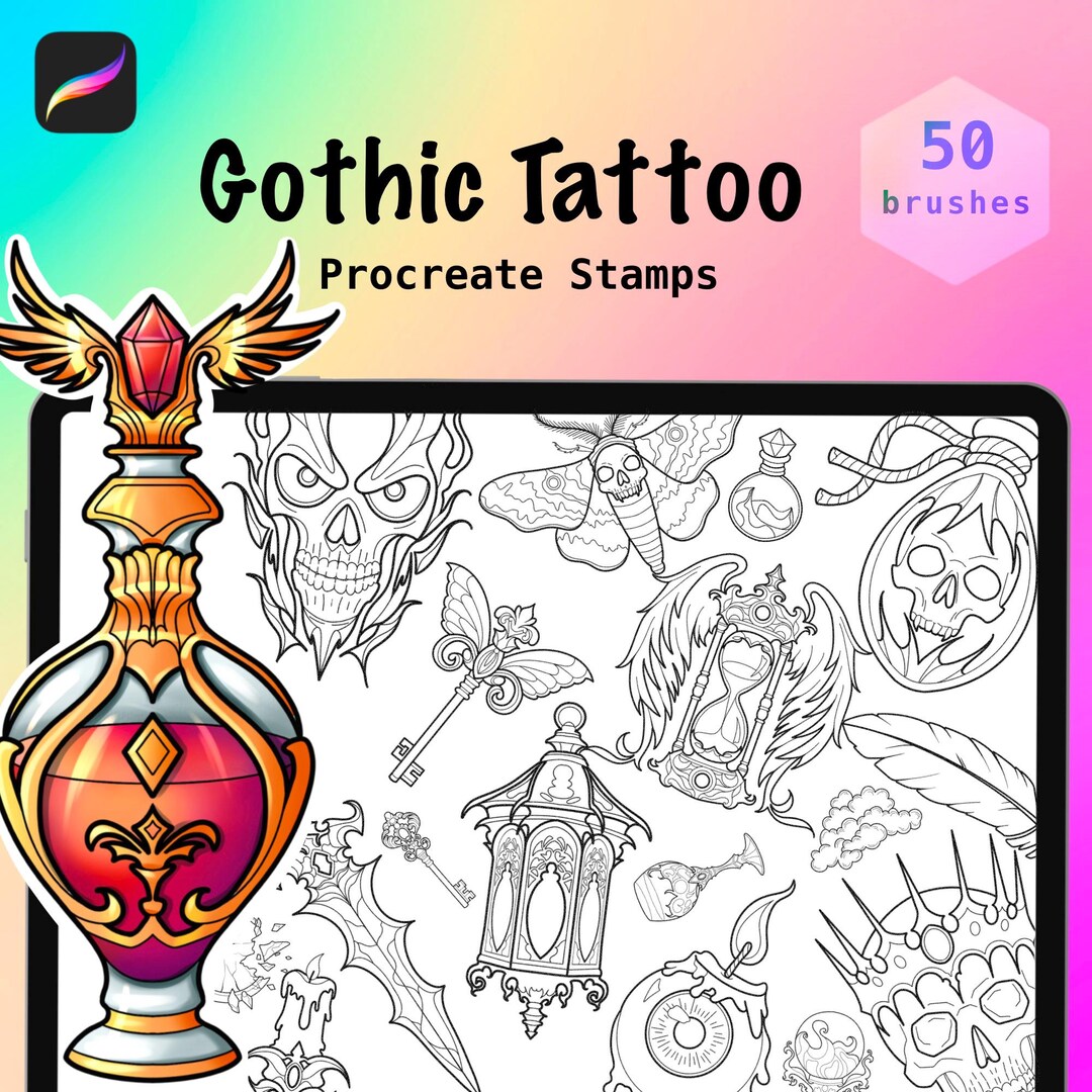 50 Gothic Tattoo Procreate Stamp Brushes for Witchy Neo Traditional Art ...