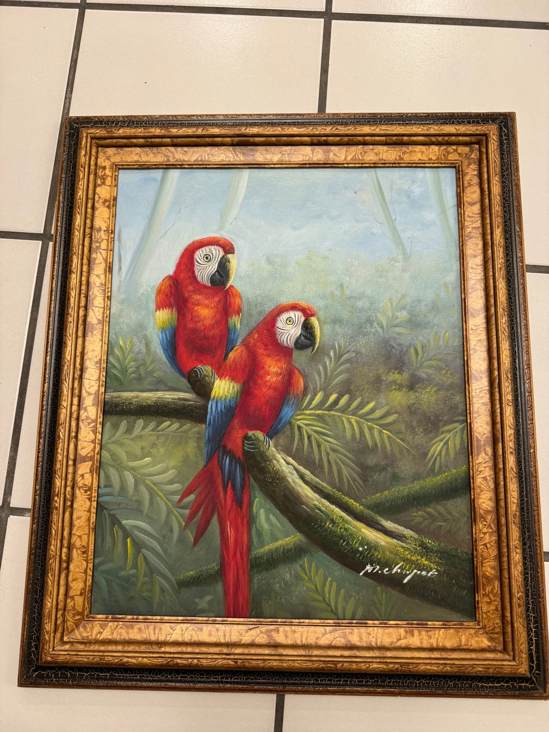 M. Chapot Original Oil Painting TWO SCARLET MACAWS Parrots Birds Framed ...
