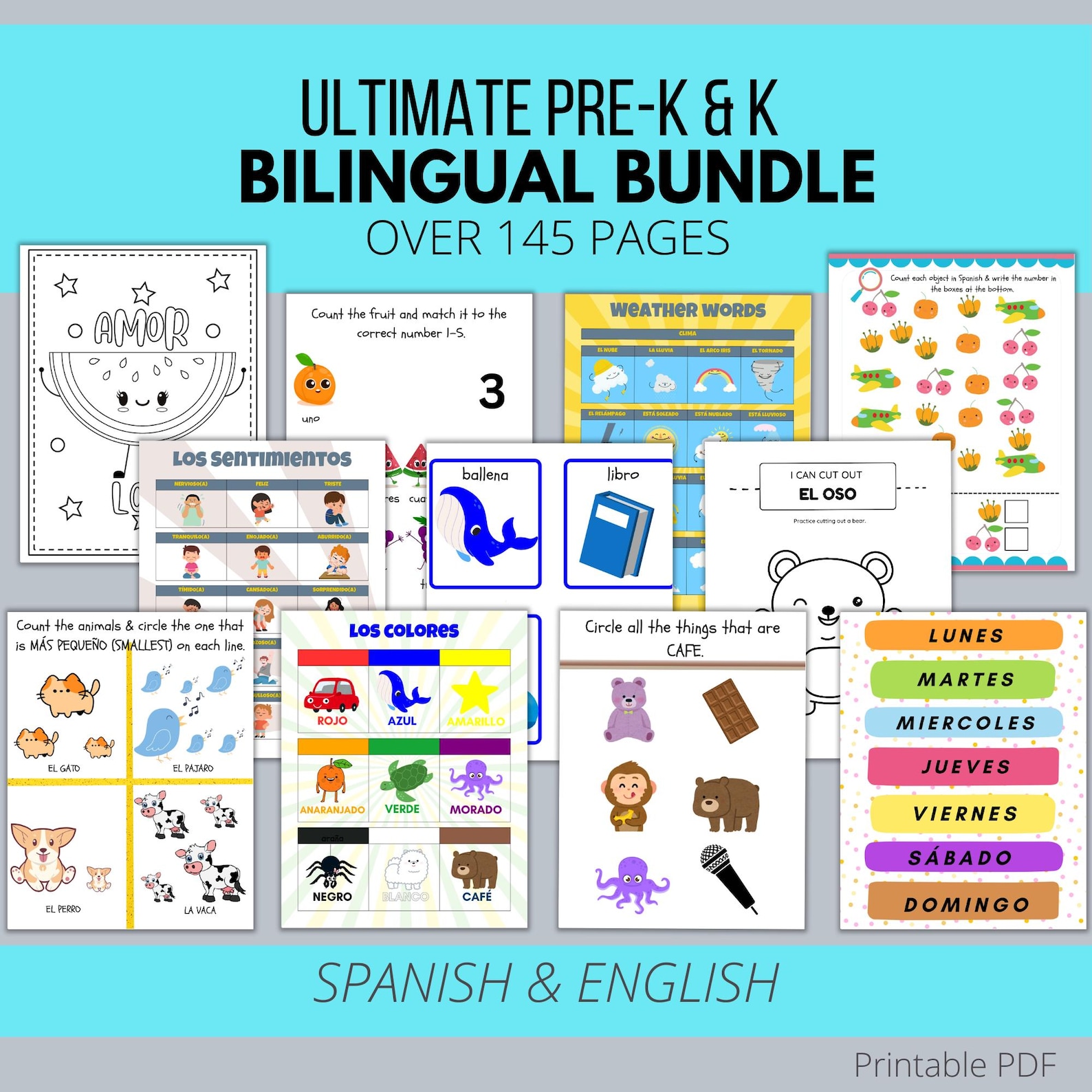 Spanish Prek + K Bundle, Over 145 Pages, Bilingual Worksheets for Ages ...