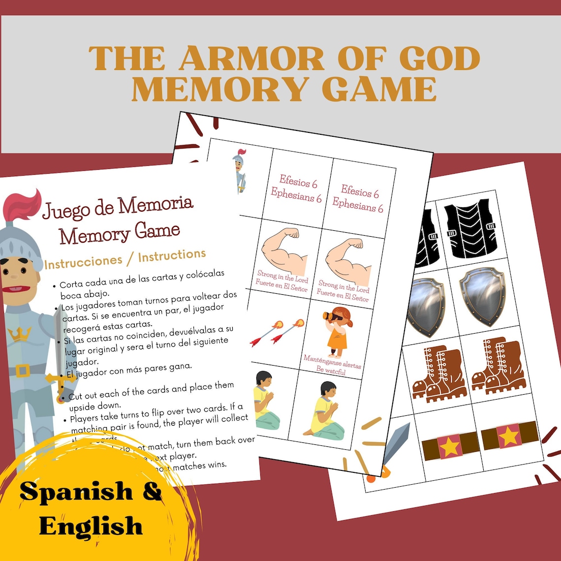 Bilingual Armor of God Memory Game: Spanish/english Matching (PDF ...