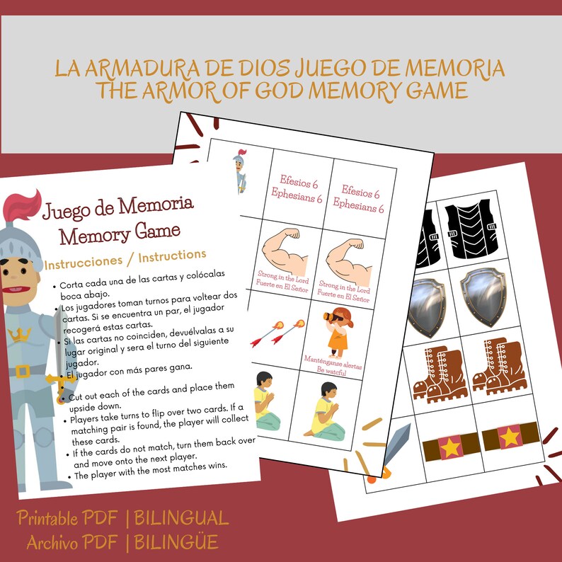 Bilingual Armor of God Memory Game, Bilingüe Armadura De Dios Juego De ...