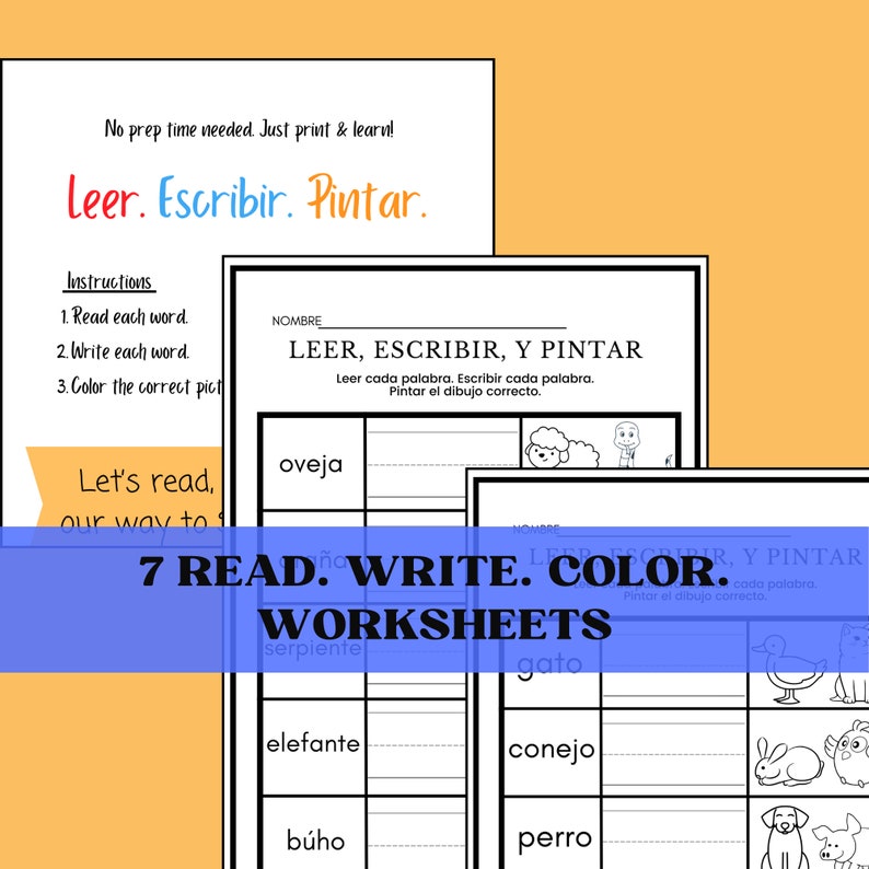 Animals in Spanish Worksheets, No Prep Needed, Read, Write, Draw, Color ...