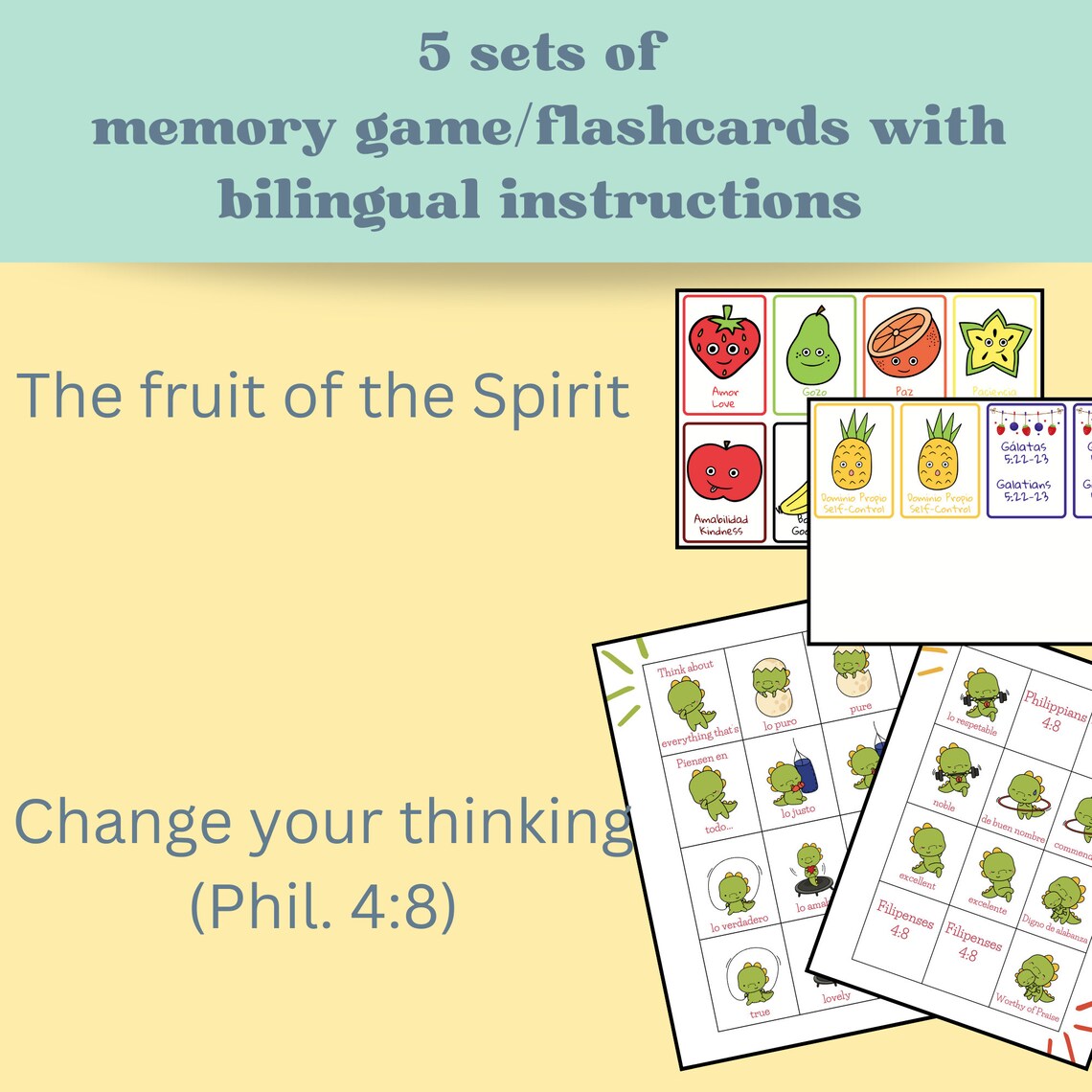 Bilingual Bible Flashcard Memory Game Bundle, Armor of God, Fruit of ...