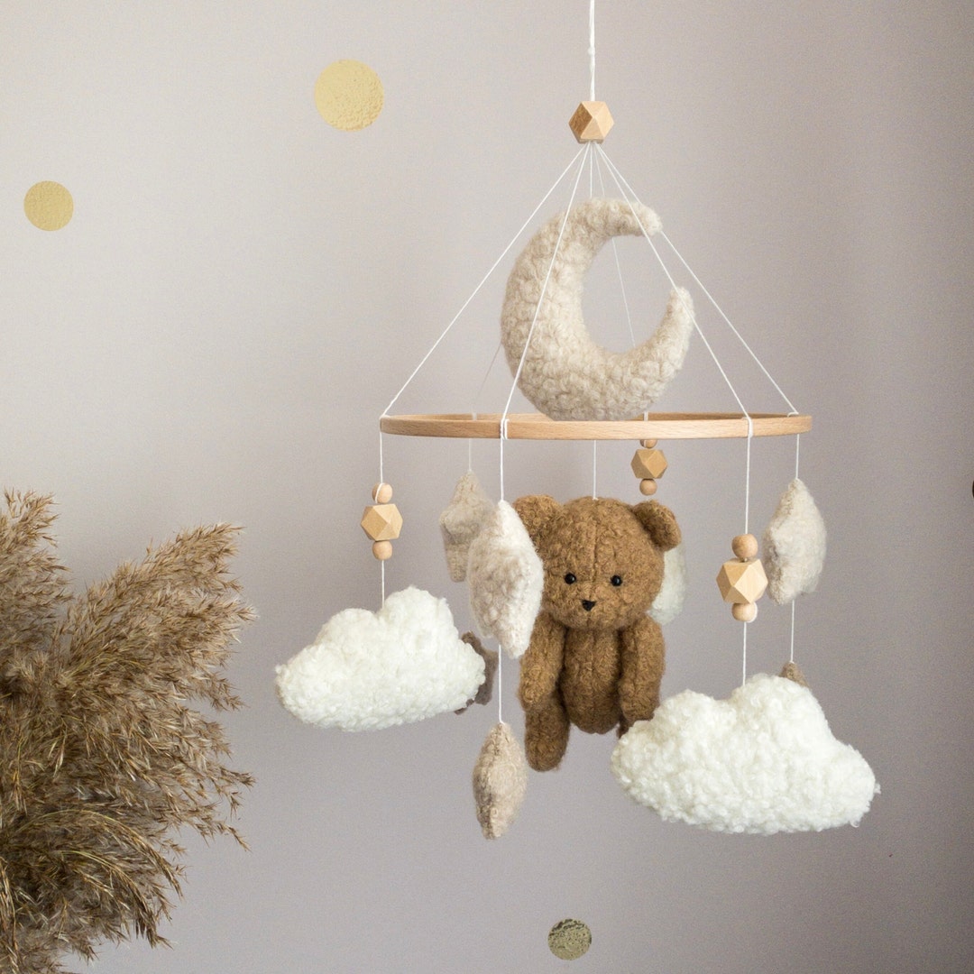 Boucle Crib Baby Mobile With Brown Bear Boucle Moon and Stars Neutral ...