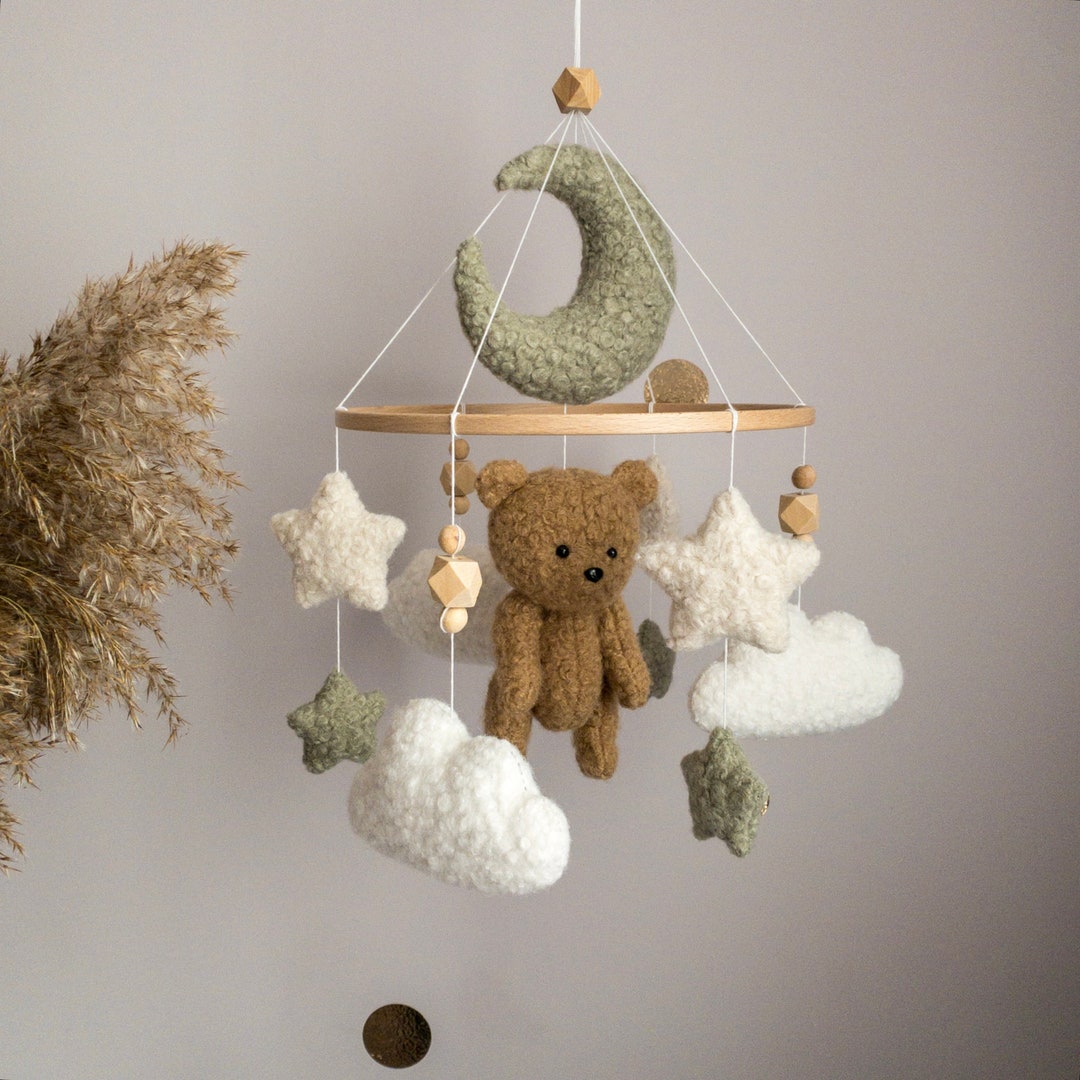 Boucle Crib Baby Mobile With Brown Bear Boucle Moon and Stars Neutral ...
