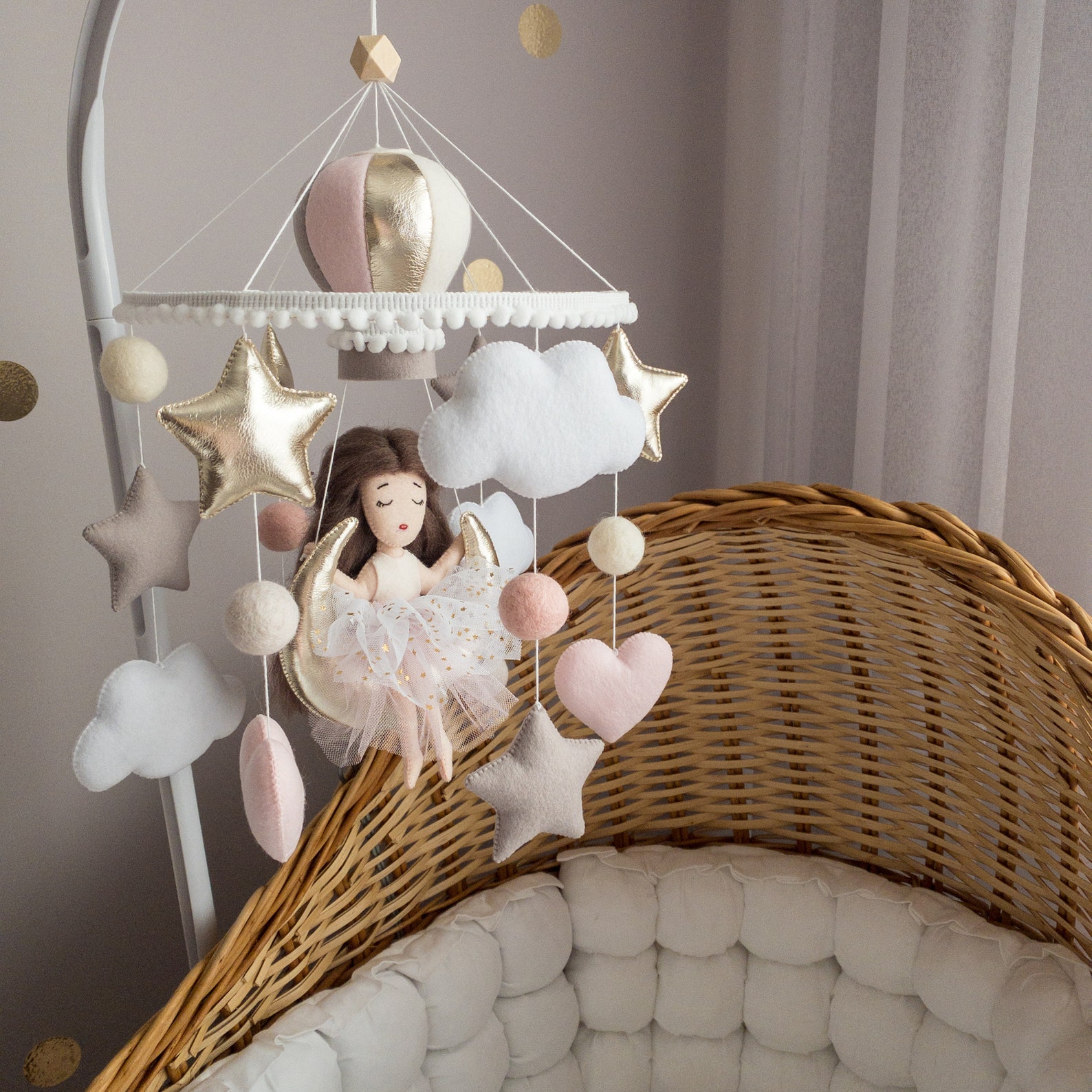 Pink Baby Mobile With Fairy Doll Pink Hearts Nursery Mobile Wizard Girl ...