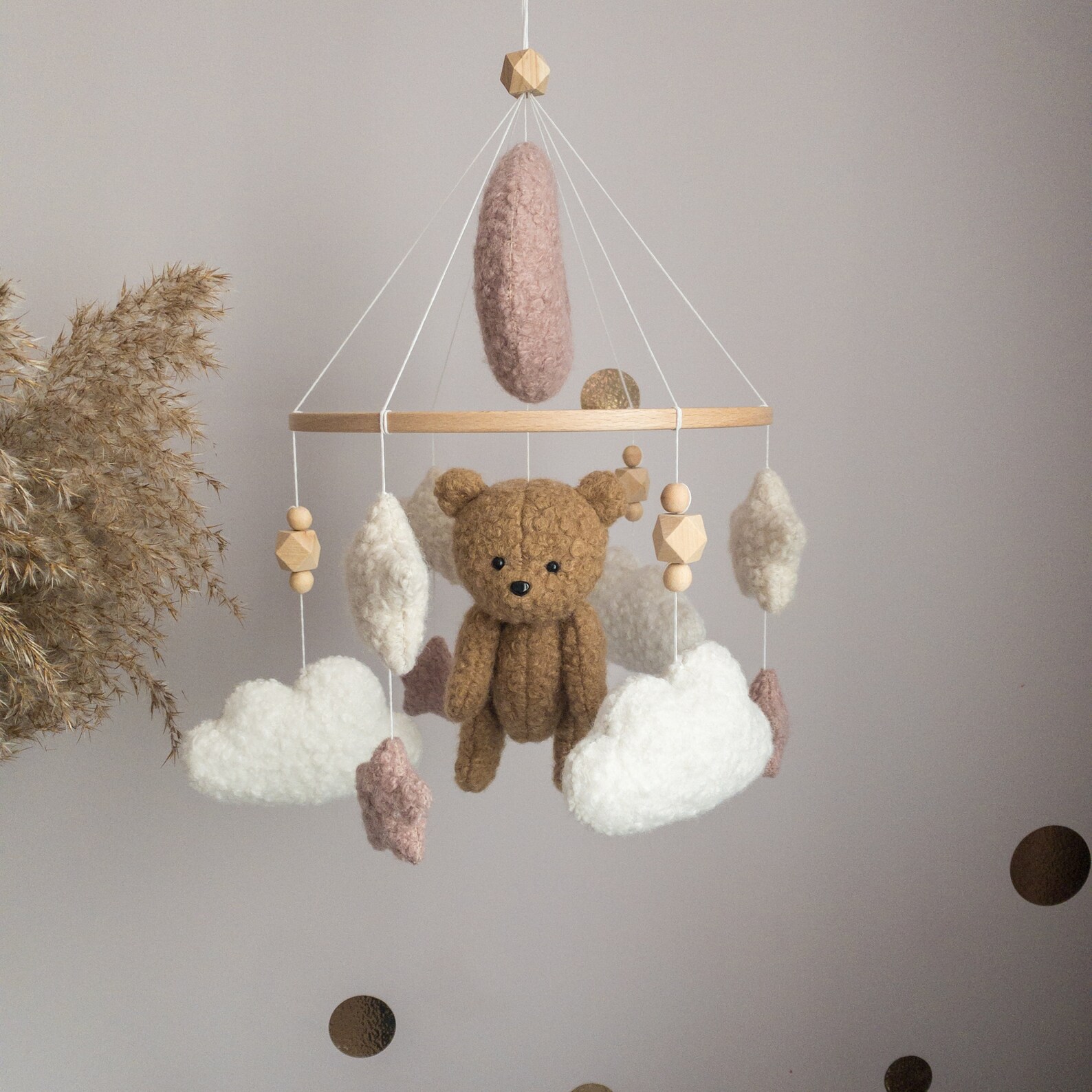 Boucle Crib Baby Mobile With Brown Bear Pink Boucle Mobile Girl Baby ...