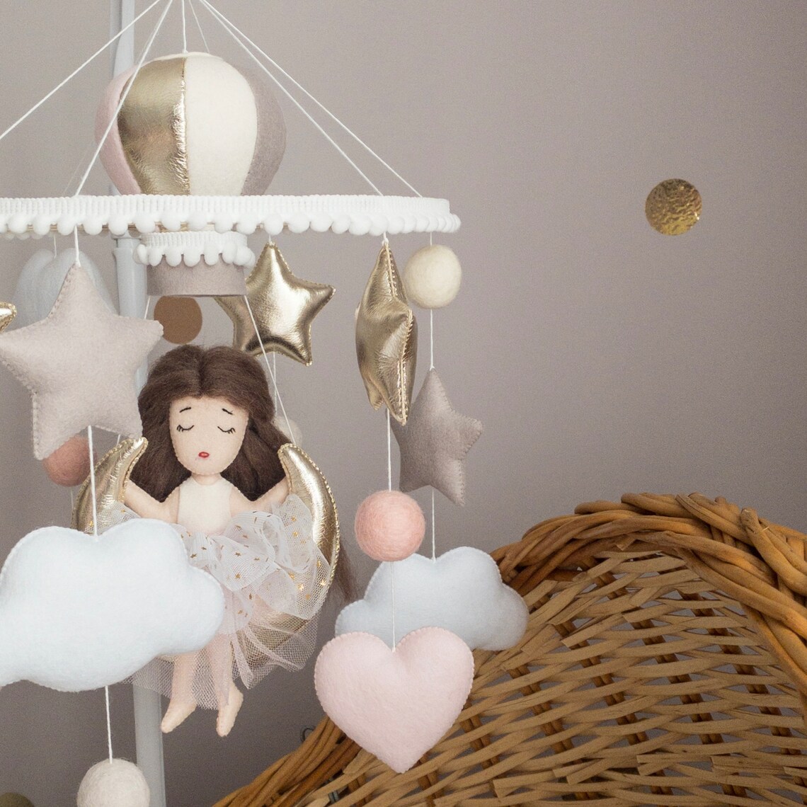 Pink Baby Mobile With Fairy Doll Pink Hearts Nursery Mobile Wizard Girl ...